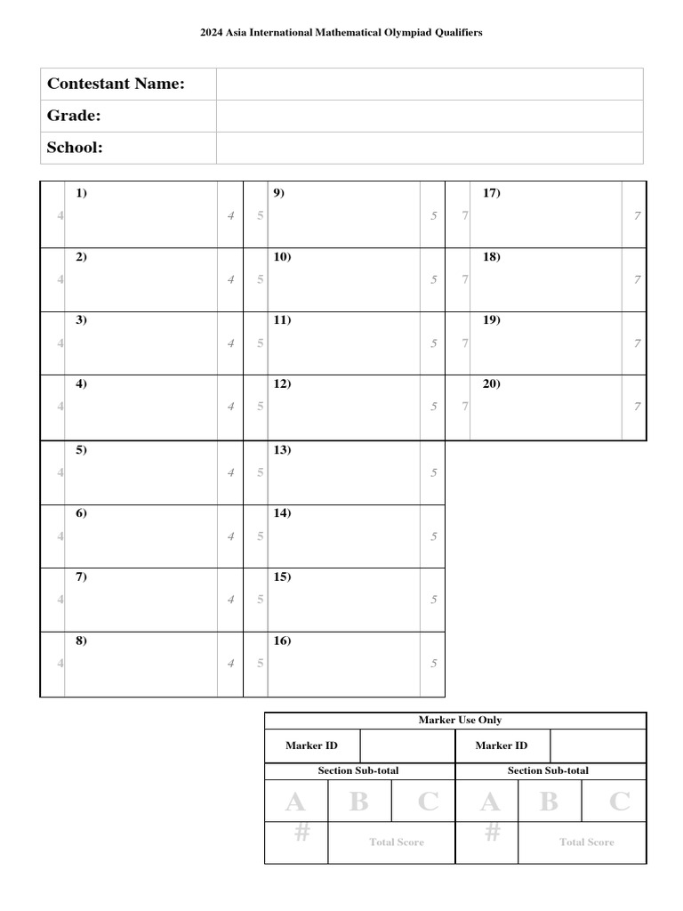 2024 AIMO Trial Answer Sheet Sample-1 | PDF