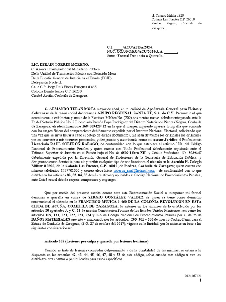 Querella 04240167124 | PDF | Queja | Justicia