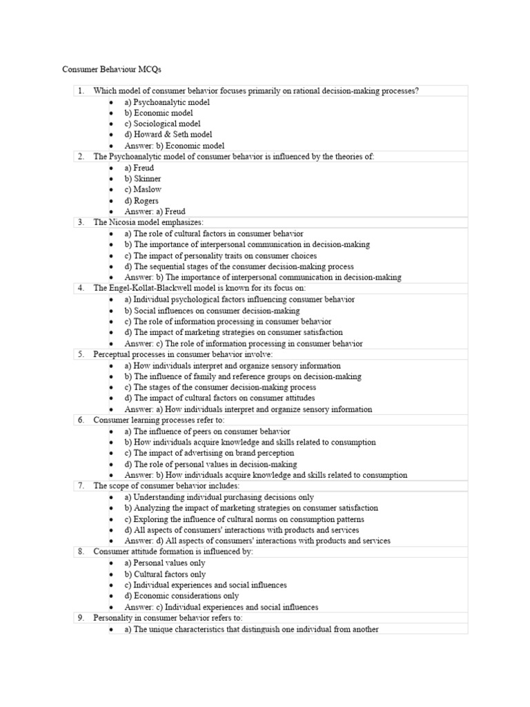 Consumer Behavior MCQs Guide | PDF | Consumer Behaviour | Behavior
