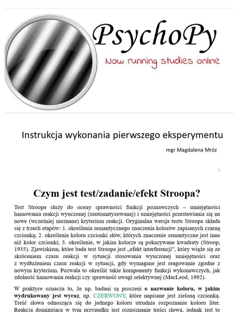 PsychoPy Instrukcja Zadanie Stroopa | PDF