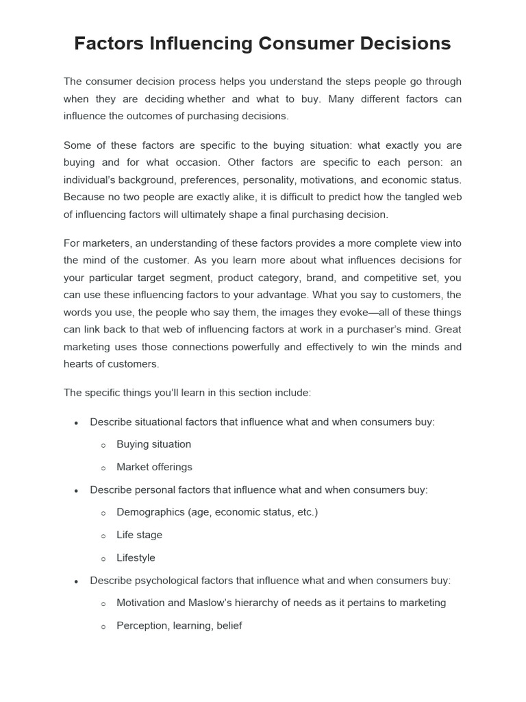 Factors Influencing Consumer Decisions Pdf Behavioural Sciences