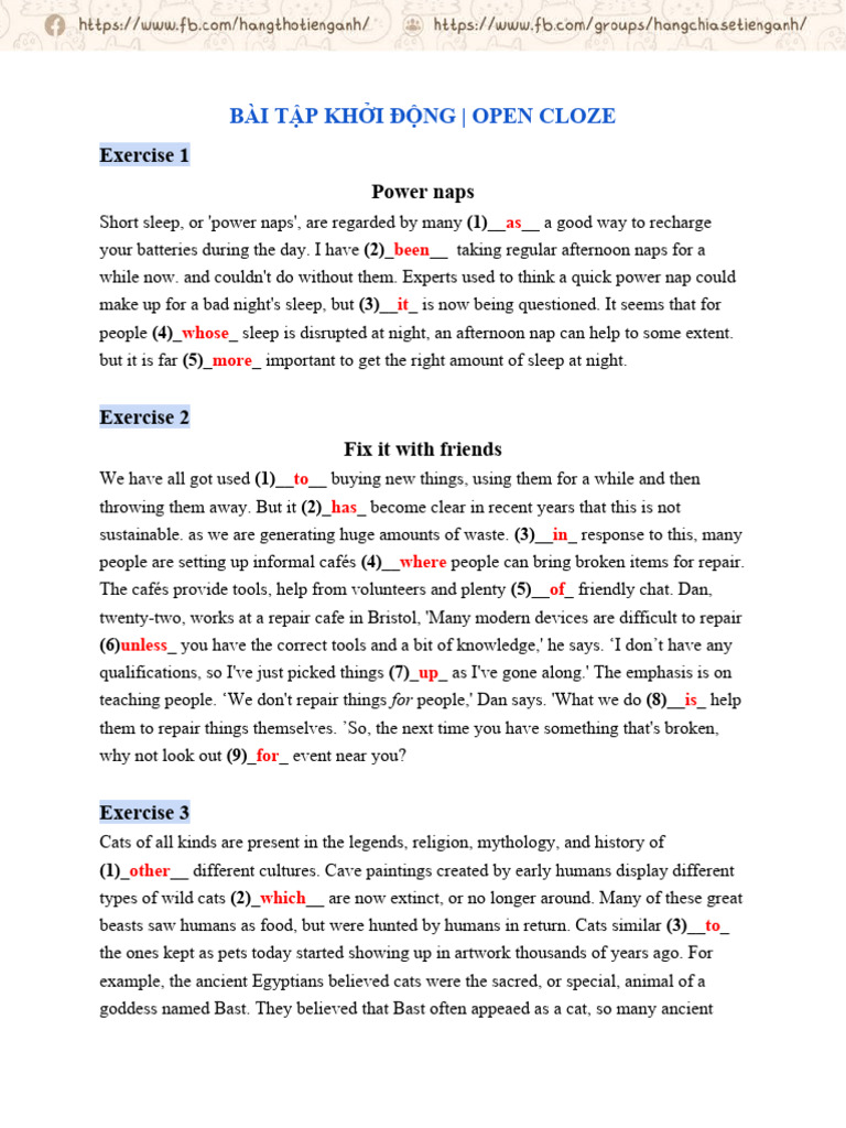 (Hang Thỏ) Warm-up Exercise for Open Cloze | PDF | Cats | Pet