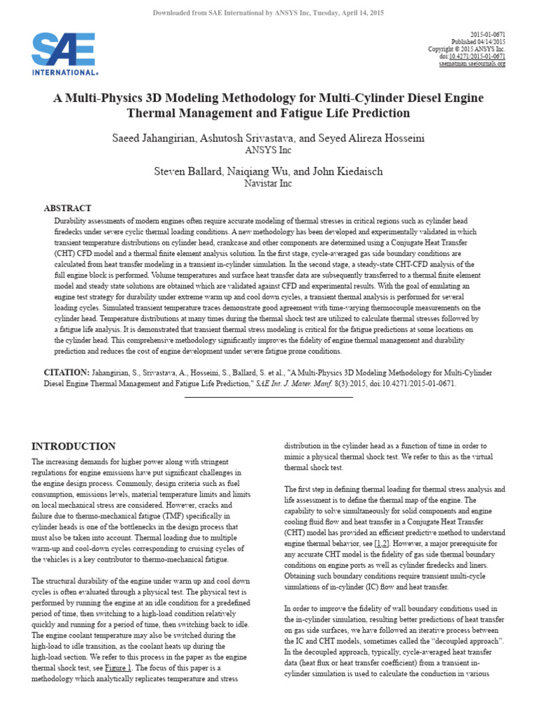 A Multi-Physics 3D Modeling Methodology For Multi-Cylinder Diesel ...