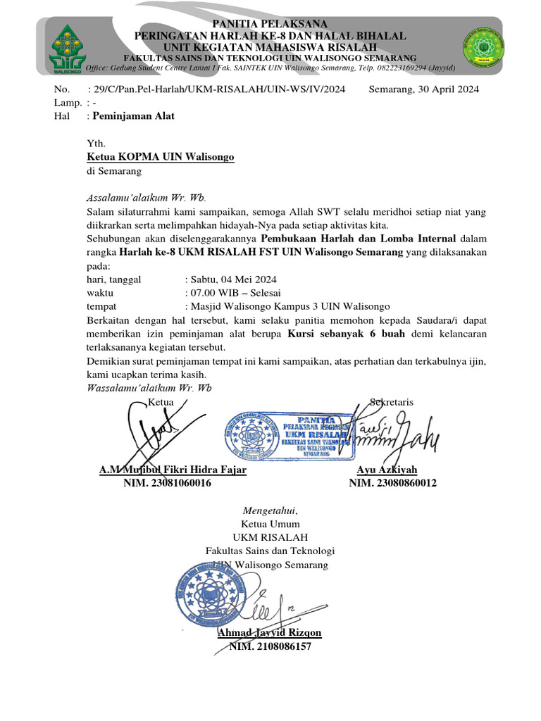 Peminjaman Alat Harlah UKM RISALAH | PDF