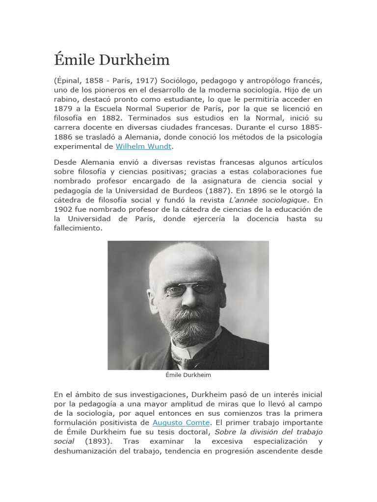 Émile Durkheim: Pionero de la Sociología | PDF | Emile Durkheim ...