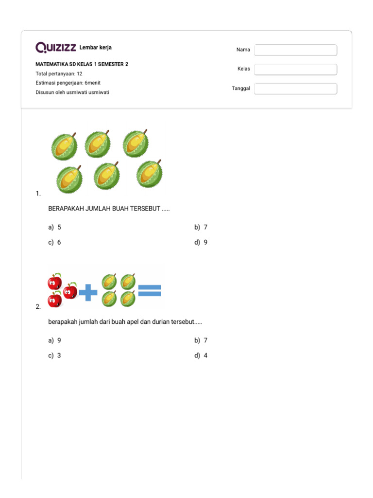 MATEMATIKA SD KELAS 1 SEMESTER 2 - Quizizz | PDF