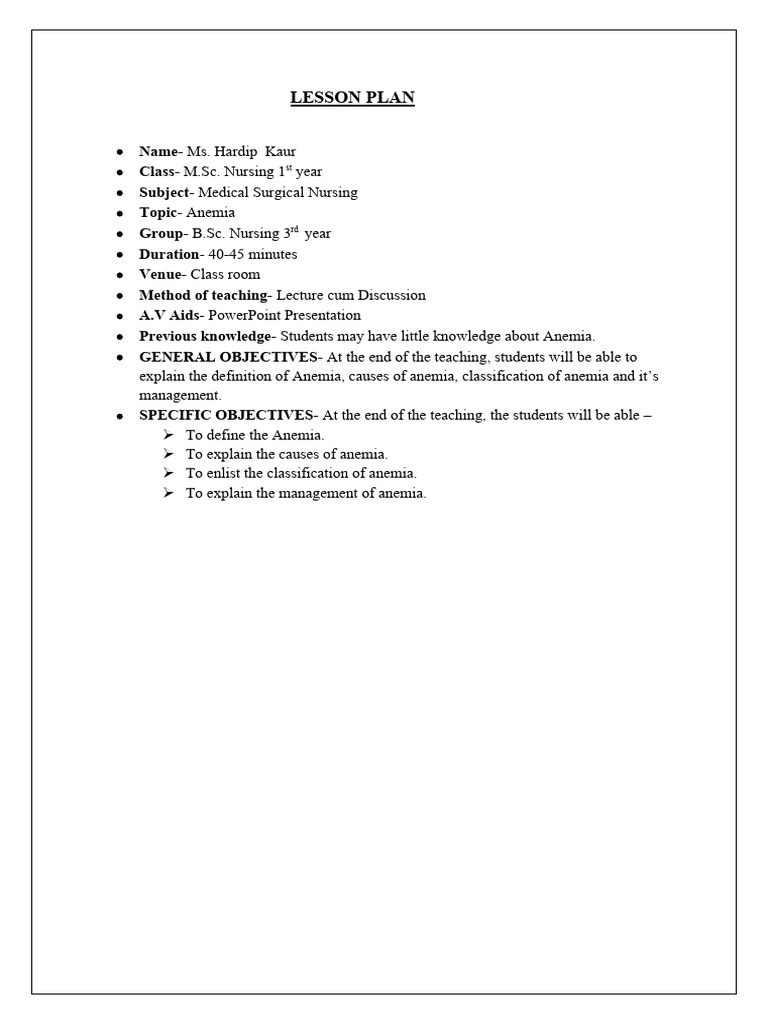 Lesson Plan On Anemia | PDF