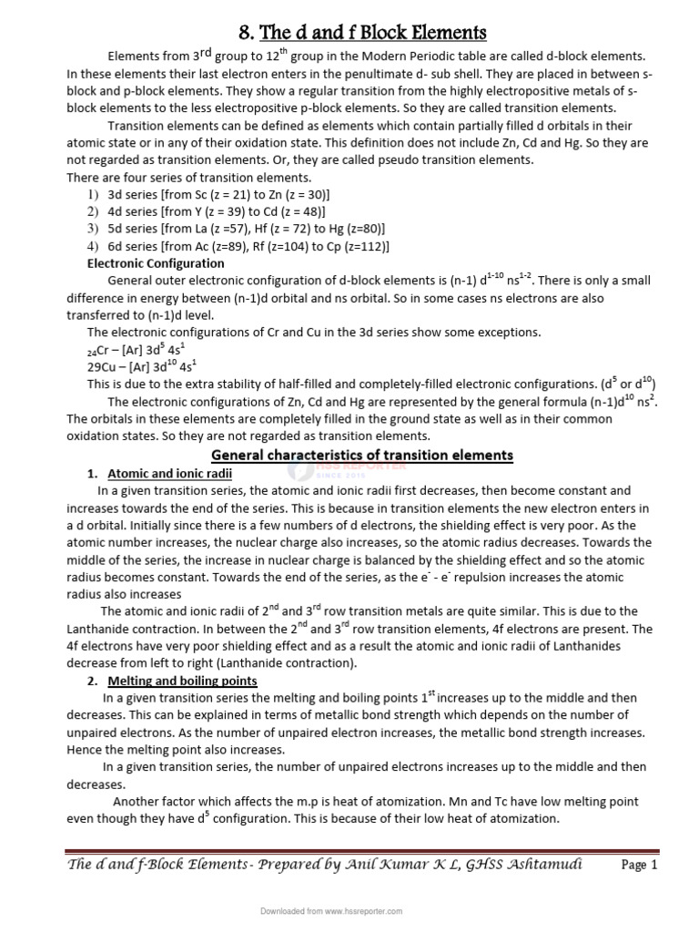 D & F Block Elements Notes | PDF | Transition Metals | Lanthanide