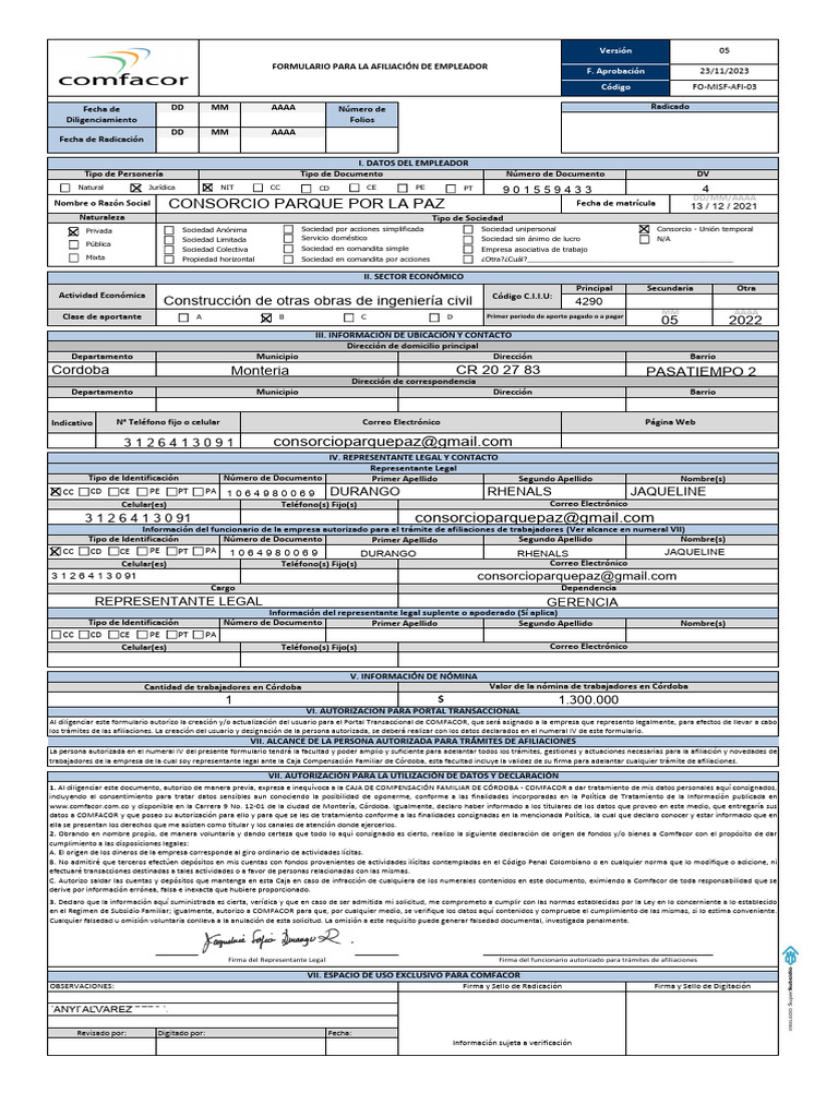 FO-MISF-AFI-03 Formulario para La Afiliación de Empleador - CONSORCIO | PDF | Documento de ...