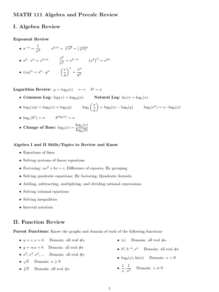 Algebra and Precalculus Review Guide | PDF | Quadratic Equation | Logarithm