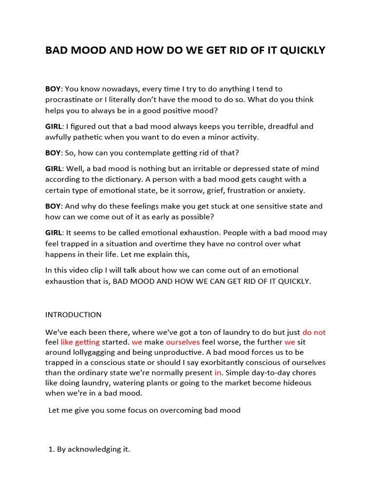 Bad Mood and How Do We Get Rid of It Quickly | PDF | Mood (Psychology ...