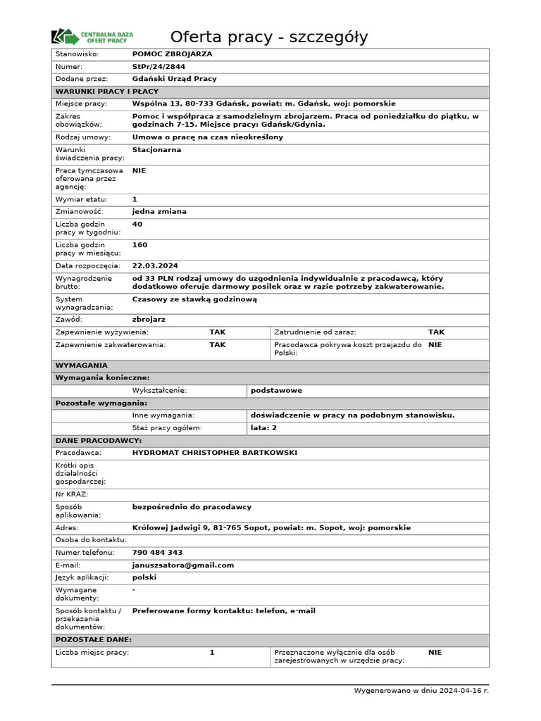 Oferta Pracy POMOC ZBROJARZA | PDF