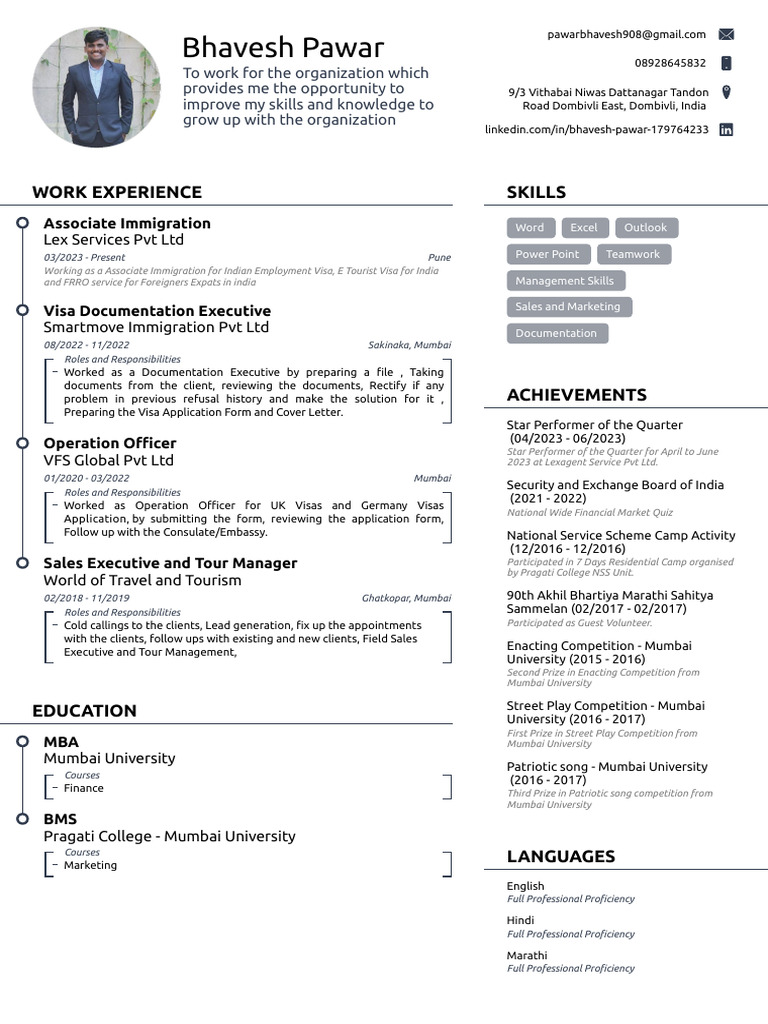 Bhavesh's Resume | PDF | Mumbai | Travel Visa