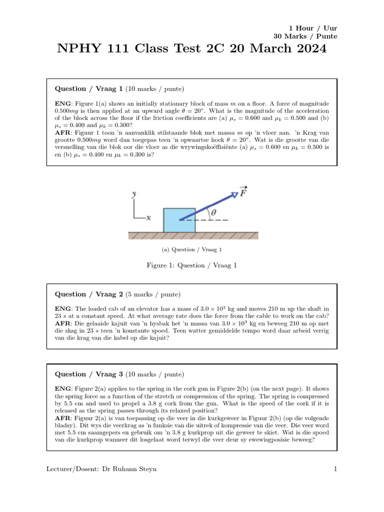 NPHY 111 Class Test 2C 20 March 2024 | PDF