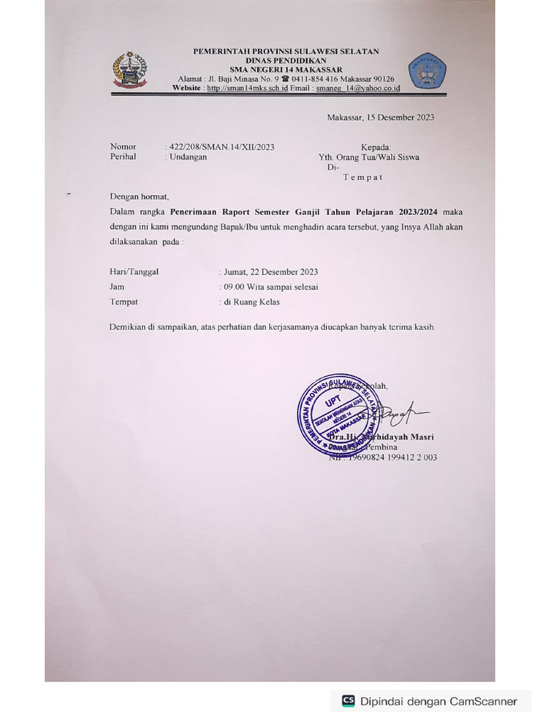 Undangan Penerimaan Raport Semister Ganjil 2023 | PDF