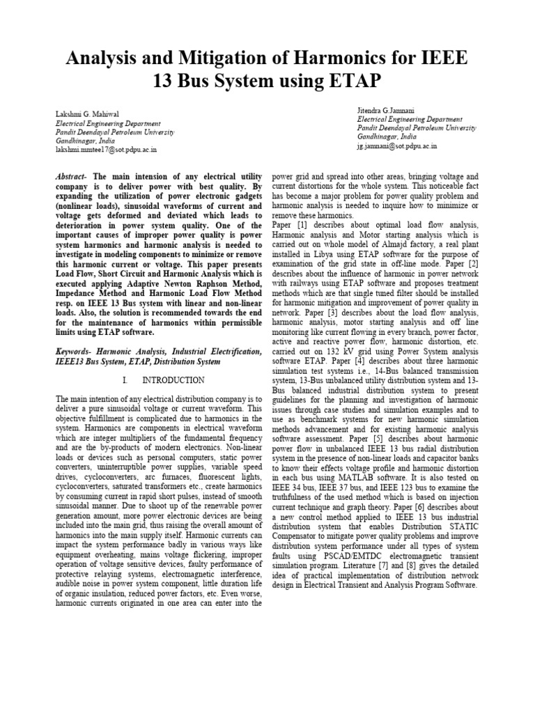 Analysis and Mitigation of Harmonics For IEEE 13 Bus System Using ETAP | PDF | Electronic Filter ...