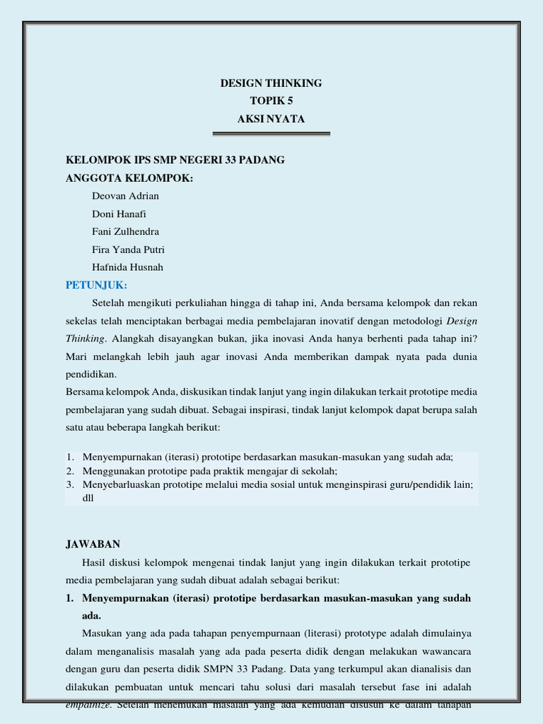 T-5-Design Thinking-AKSI NYATA-KEL SMP 33 PDG | PDF
