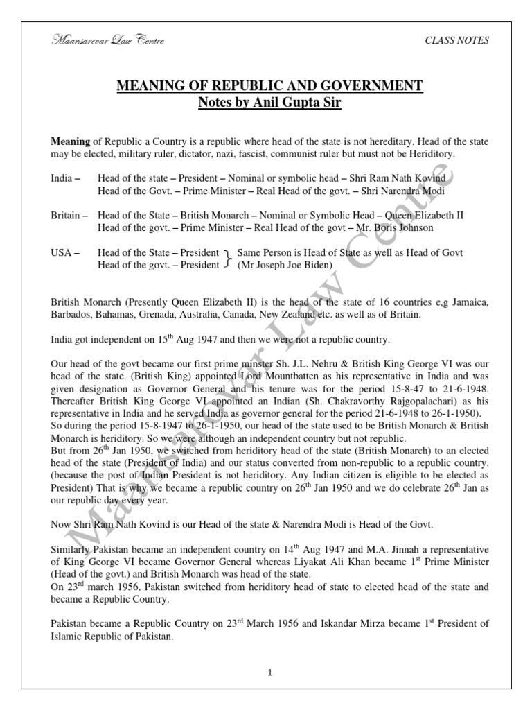 Polity-Meaning of Republic and Govt - Final | PDF | Government ...