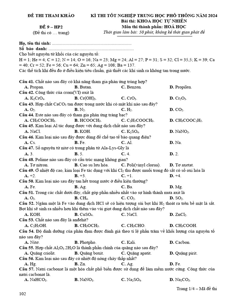 Đề Vip 9 - Phát Triển Đề Minh Họa Tham Khảo BGD Môn Hóa Năm 2024 (HP2 | PDF