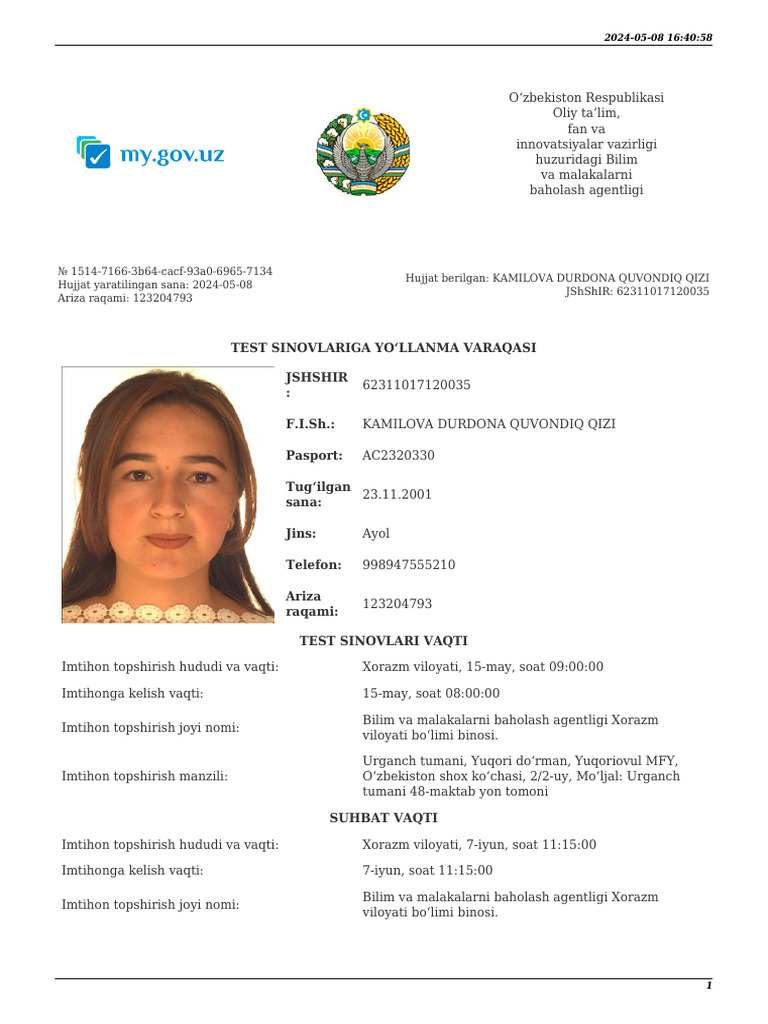 Test Sinovlariga Yo Llanma Varaqasi Jshshir: F.I.Sh.: Pasport: Tug ...