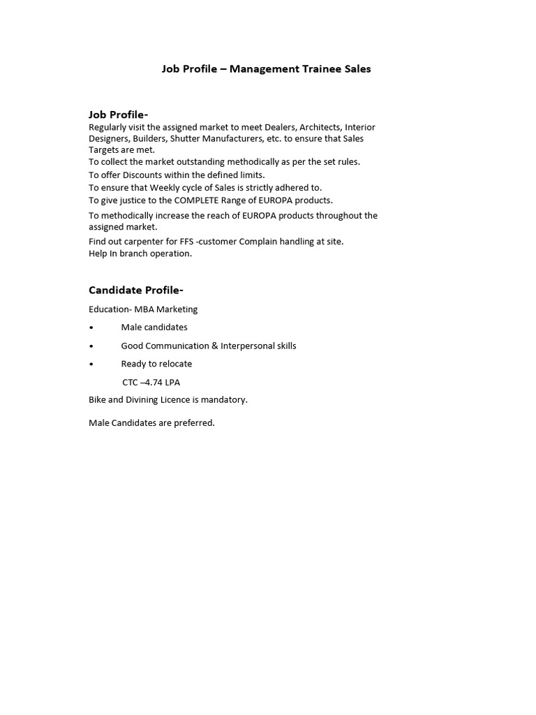 MT Sales Job Profile | PDF | Business