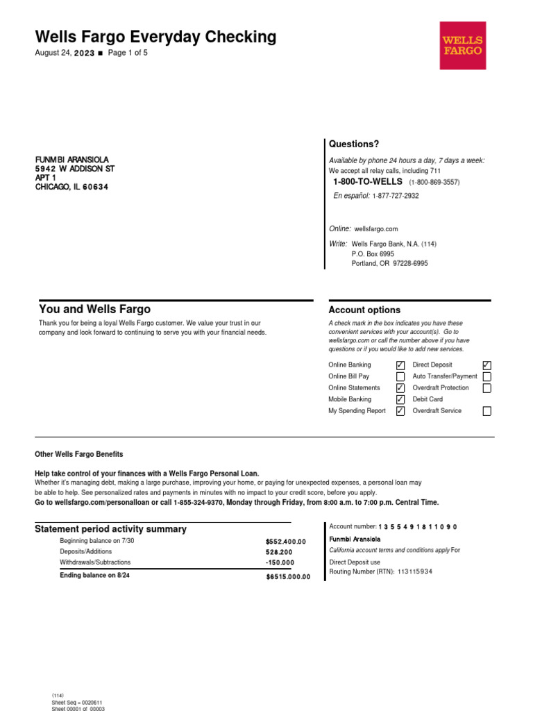 Wells Fargo Everyday Checking | PDF | Overdraft | Fee