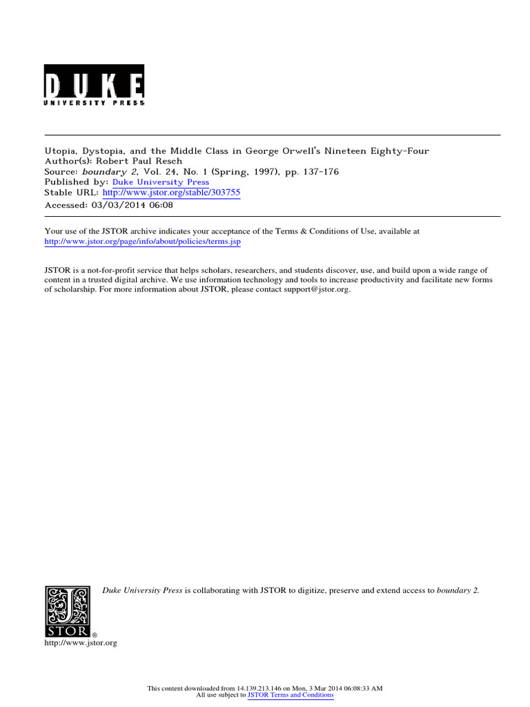 Utopia, Dystopia, and The Middle Class in George Orwell's Nineteen ...