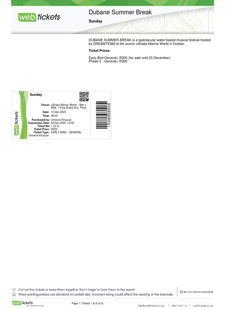 Tickets - Tickets For Dubane Summer Break | PDF