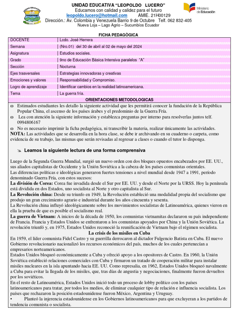 Ficha Pedagógica 1 Eess 9no Año 2024 | PDF | Cuba | Fidel Castro