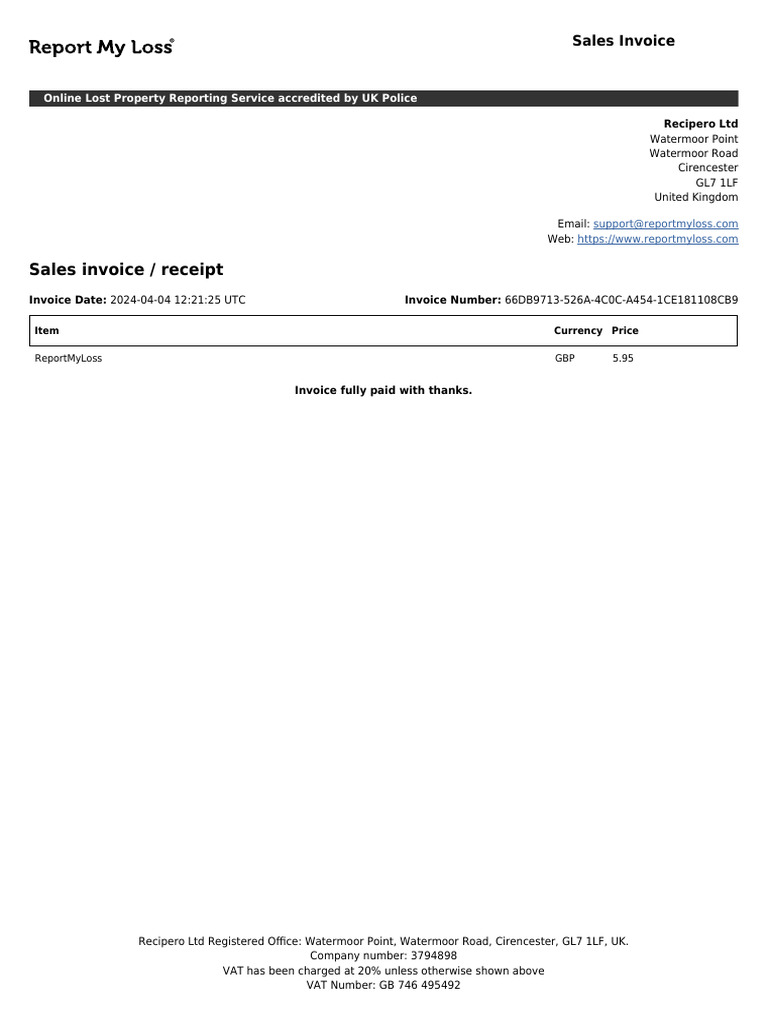 Report My Loss Invoice | PDF