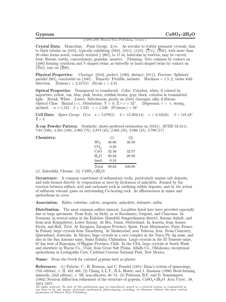 Gypsum Mineral Properties and Data | PDF | Minerals | Materials
