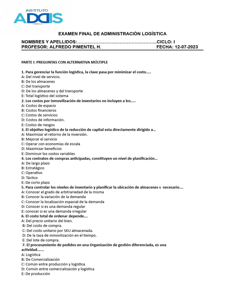 EXAMEN FINAL DE ADMINISTRACIÓN LOGÍSTICA | PDF | Presupuesto | Logística