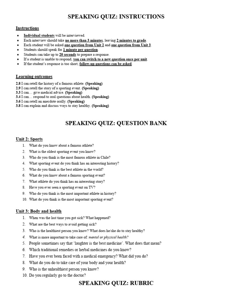 Speaking Quiz Material | PDF | Word | Vocabulary