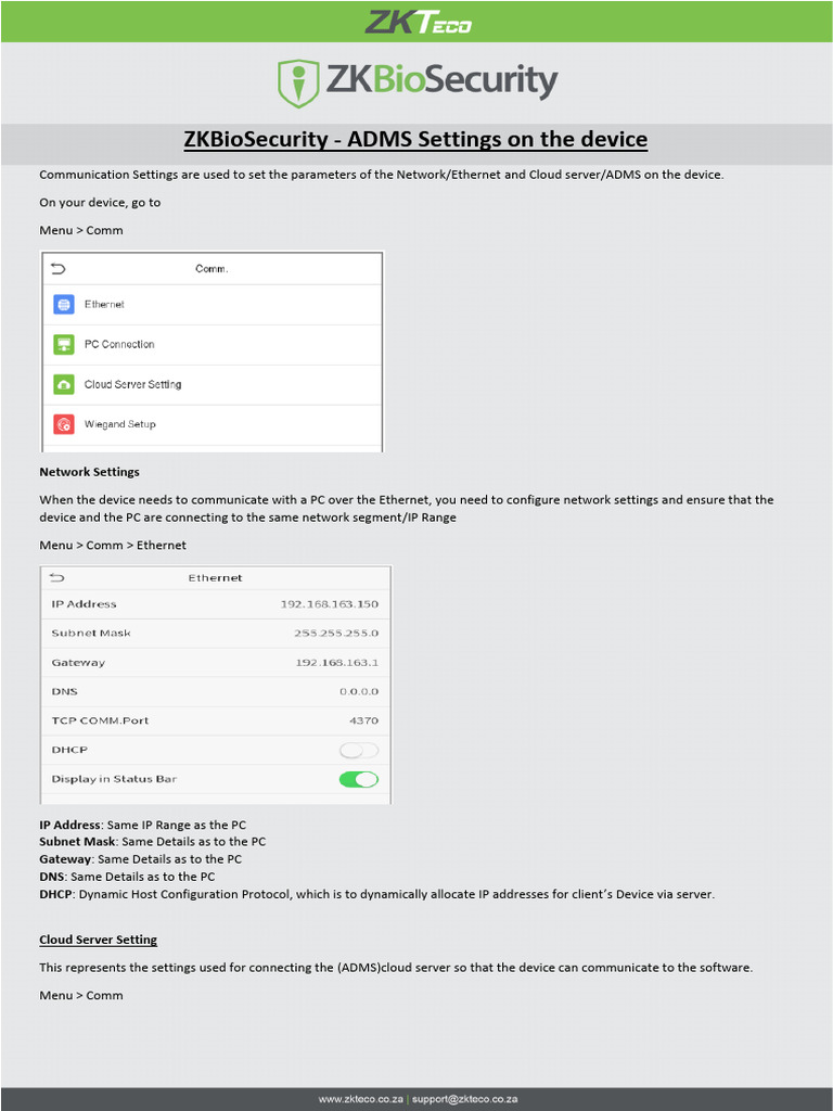 ZKBioSecurity - ADMS Settings on the device | PDF