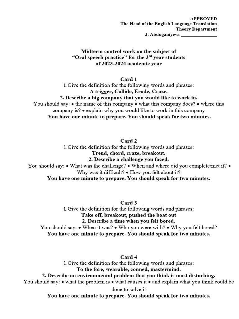 Oral Speech Practice Midterm 2024 6-Sem. | PDF | Human Communication ...