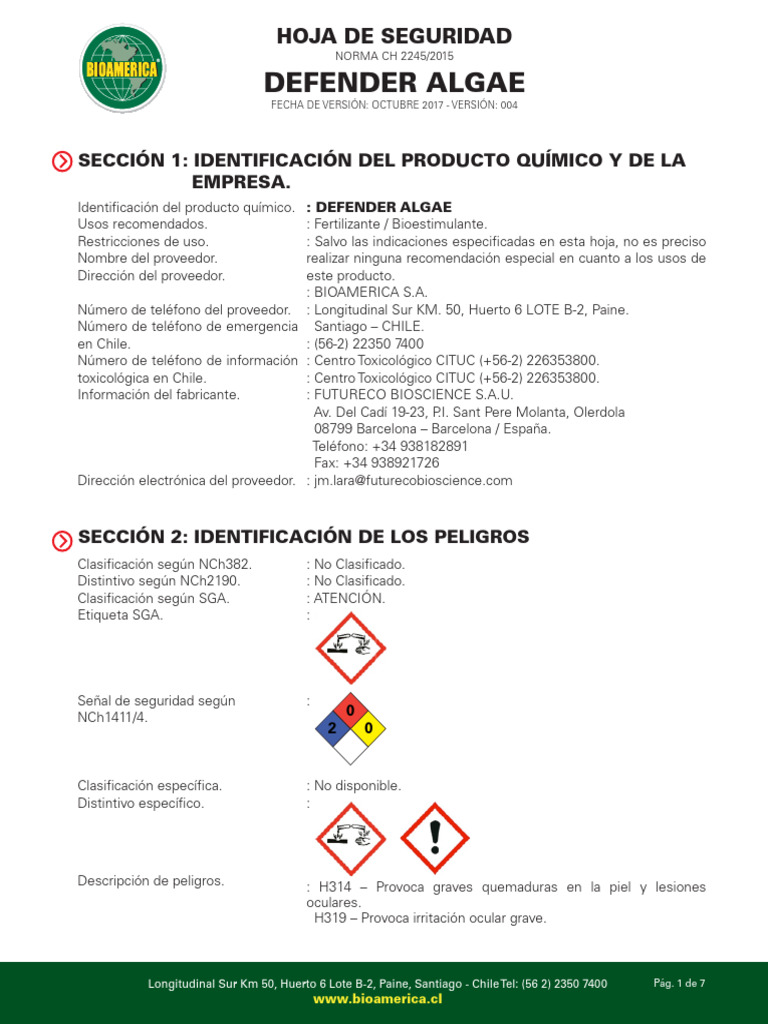 Hoja de Seguridad de Defender Algae | PDF | Salud y bienestar