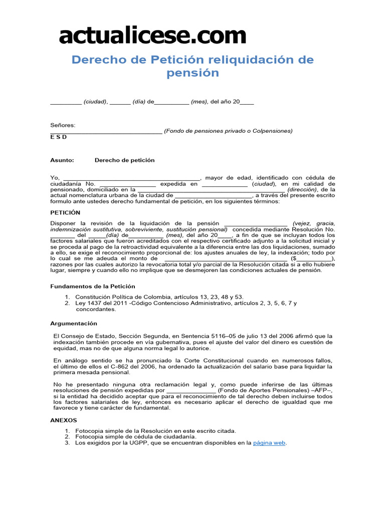 Derecho de Peticion Reliquidacion de Pension | PDF | Petición ... Derecho de Peticion Reliquidacion de Pension | PDF | Petición ...