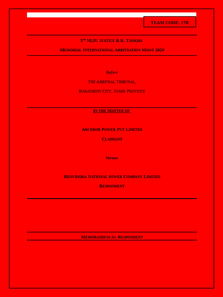 R.K. Tankha Moot Respondent NLUO Team | PDF | Arbitration | Jurisdiction