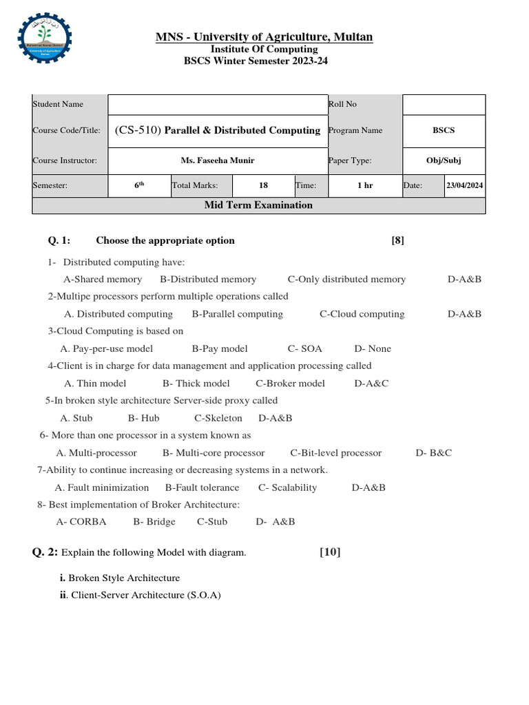 BSCS 6th B Mid Term Paper 2024 | PDF