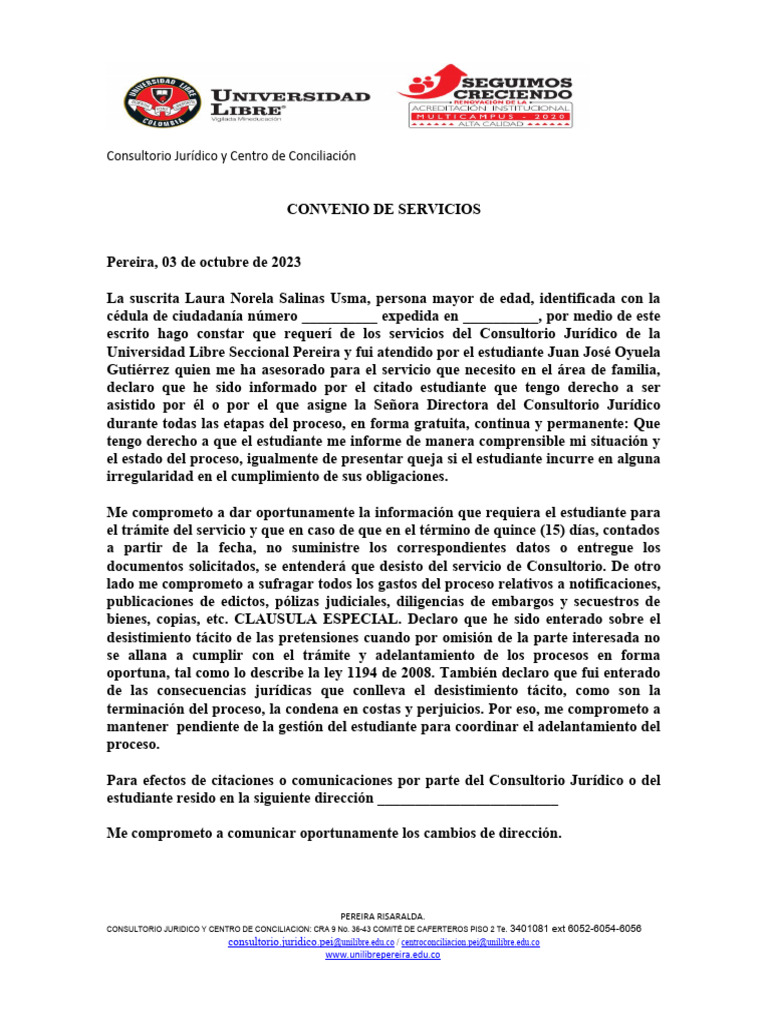 CONVENIO DE SERVICIOS Con Cláusula | PDF