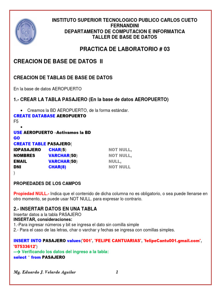 Lab3 - TBD2024 Creacion de Base de Datos Ii | PDF | SQL | Bases de datos