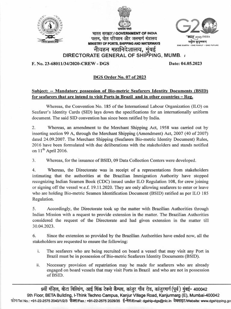 Mandatory BSID for Seafarers Visiting Brazil | PDF | Identity Document ...