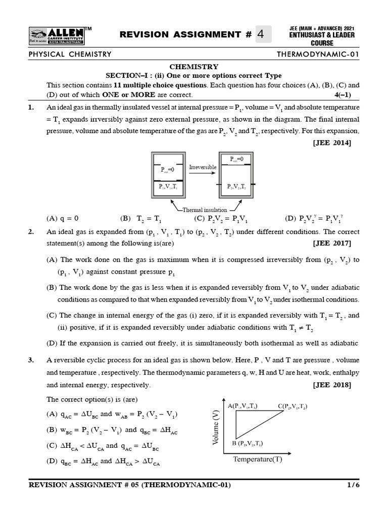 Thermodynamics JEE Revision Assignment | PDF | Gases | Heat