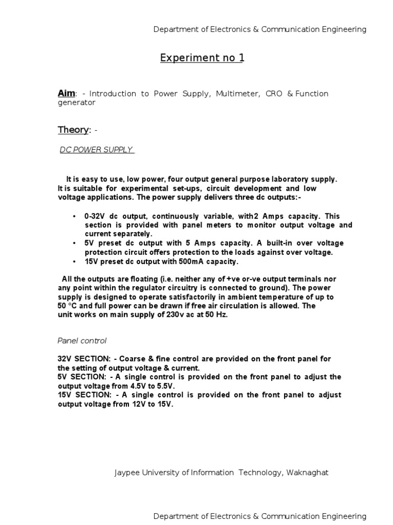Expt 1 | PDF | Power Supply | Amplifier