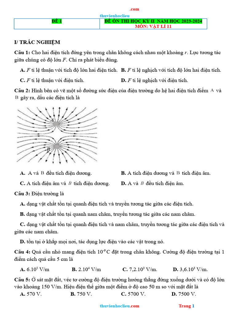 Bo de On Thi HK2 Vat Li 11 KNTT | PDF