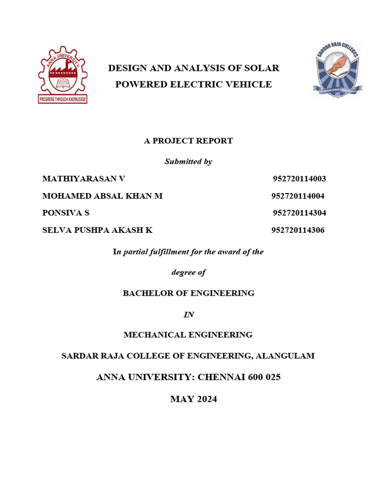 Design and Fabrication of Solar Powered Electric Vehicle Final | PDF ...