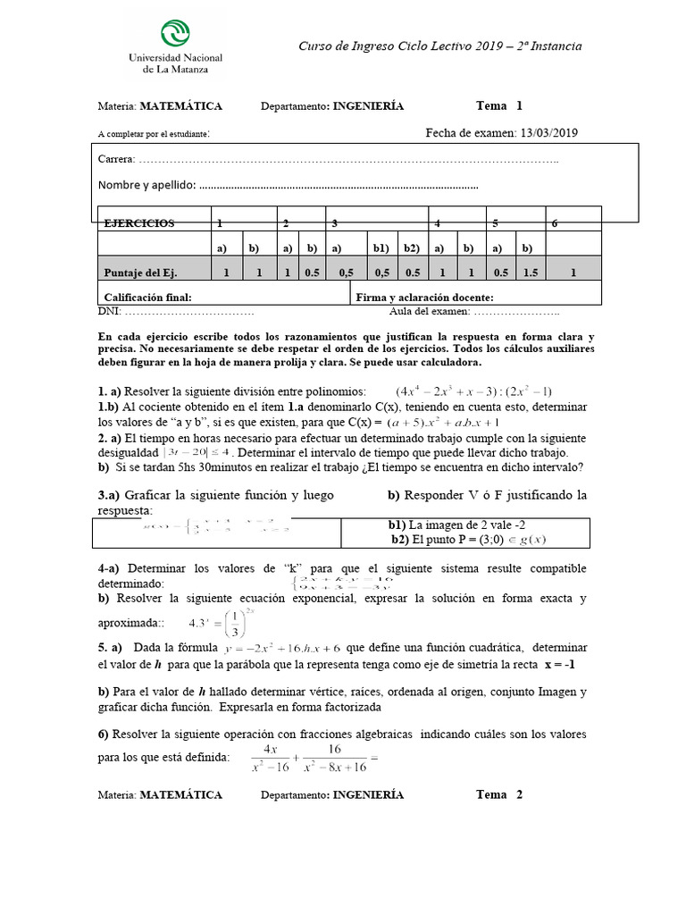 EXAMEN de Matematica SEGUNDA INST Final Con Respuestas | PDF ...