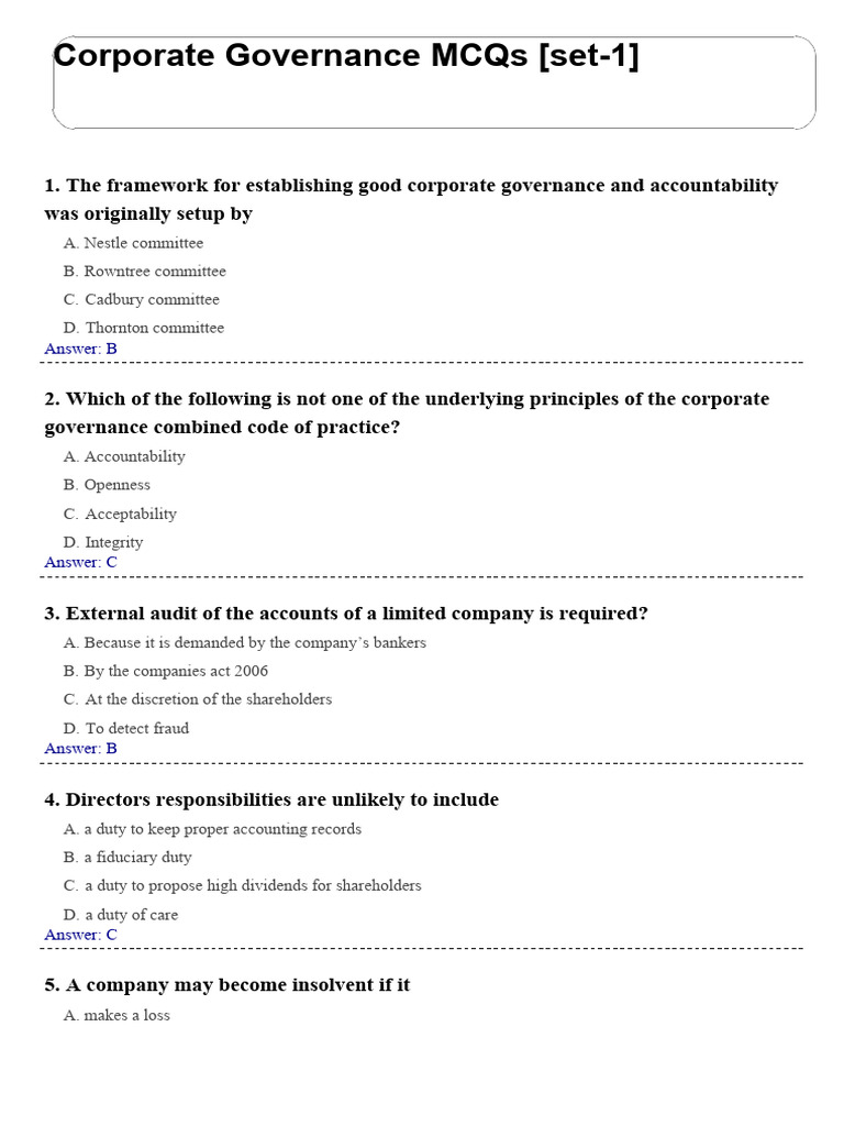 Corporate Governance MCQs Set-1 | PDF | Stocks | Corporate Governance