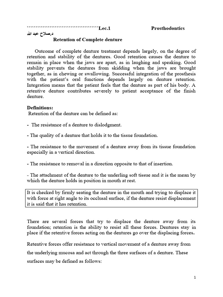 Lec 1 Retention of Compelet Denture | PDF | Dentures | Liquids