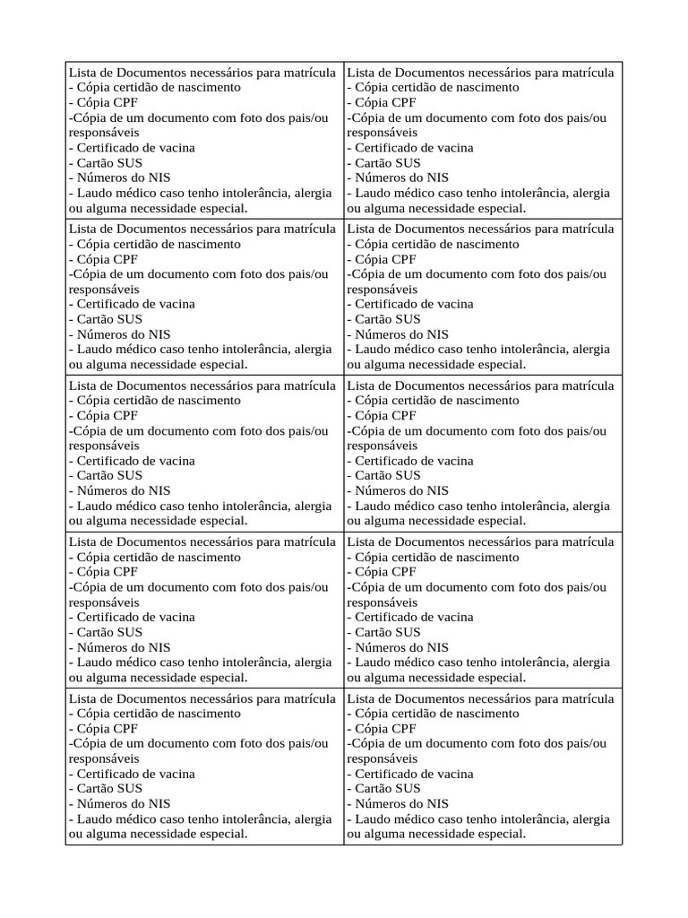 Lista de Documentos Matrícula | PDF | Brasil
